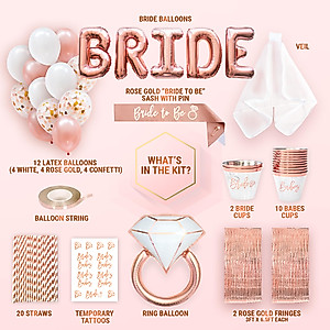 66 Piece Rose Gold Mega Bachelorette Party Decorations Kit, Fun Bridal Shower Decorations Pack, Bride to Be Sash, Rose Gold Cups, Veil, Bride & Ring Balloons, Premium Bridal Decorations for Shower