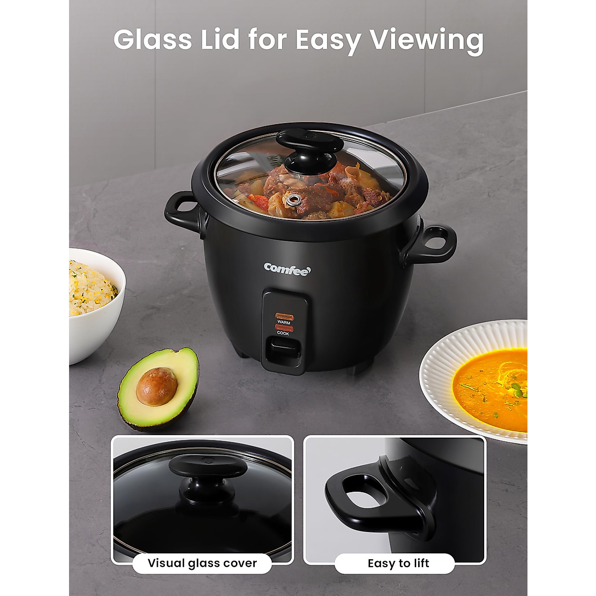 COMFEE' Rice Cooker, 6-Cup Cooked/3-Cup Uncooked, Removable Non-Stick Bowl, for Soups, Stews, Grains&Oatmeal, One Touch, Black