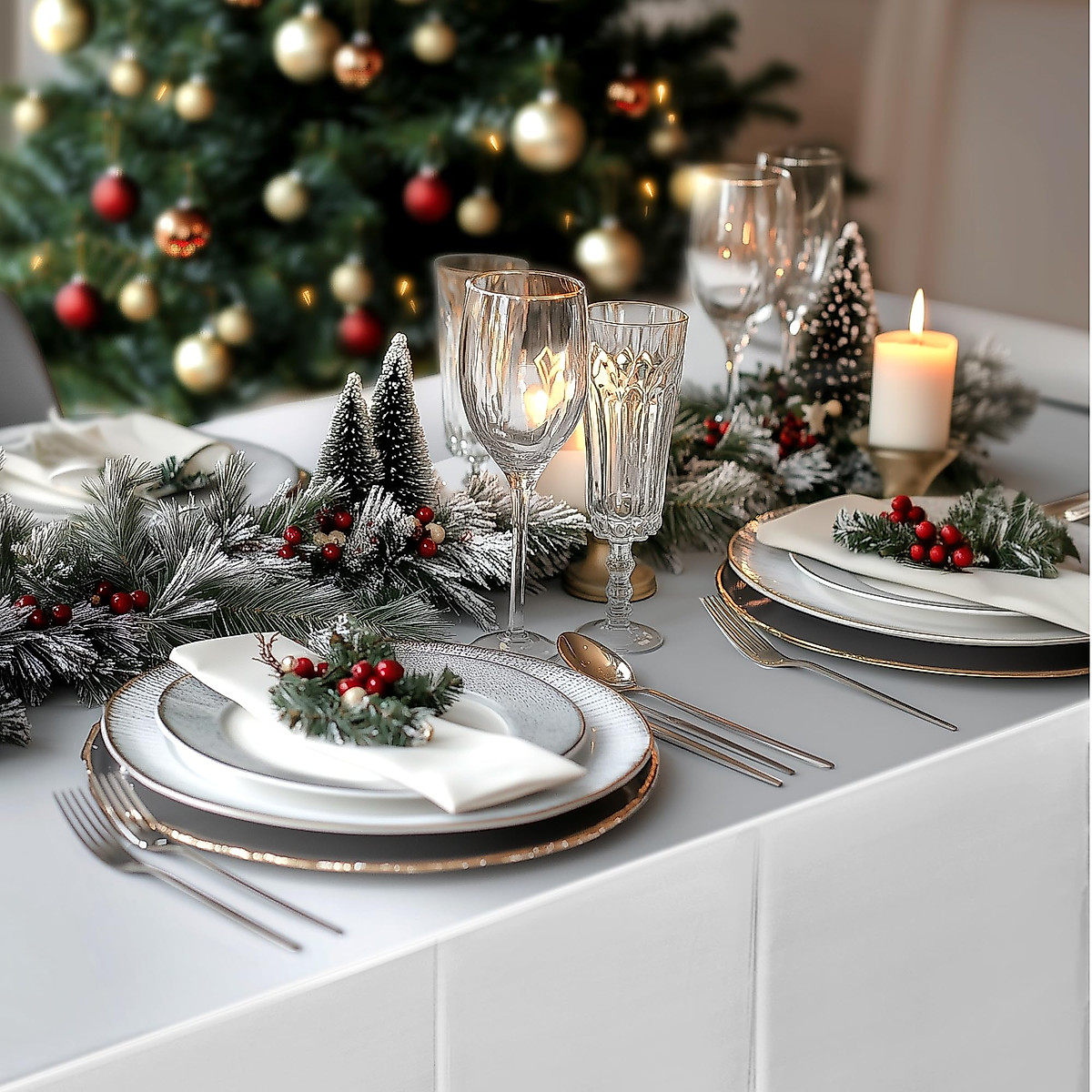 2pcs Silver Plastic Tablecloth for Parties 54*72inch Shiny Disco Table Cloths White Table Cover for Wedding Christmas Winter Birthday Party Decoration Anniversary Event Dinner Grad Party Supplies