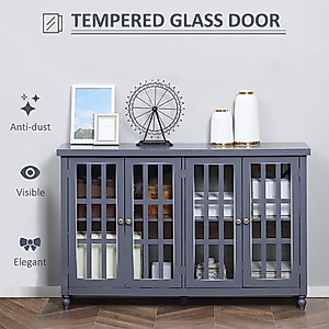 HOMCOM Sideboard, Buffet Cabinet with 4 Tempered Glass Doors, Stripe Pattern and Adjustable Storage Shelf, Credenza, Gray