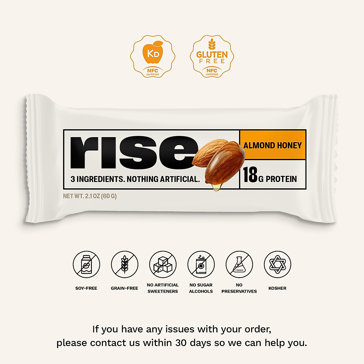 Rise Whey Protein Bars - Almond Honey | Healthy Breakfast Bar & Protein Snacks, 18g Protein, 4g Fiber, Just 3 Whole Food Ingredients, Non-GMO Healthy Snacks, Gluten-Free, Soy Free Bar, 12 Pack