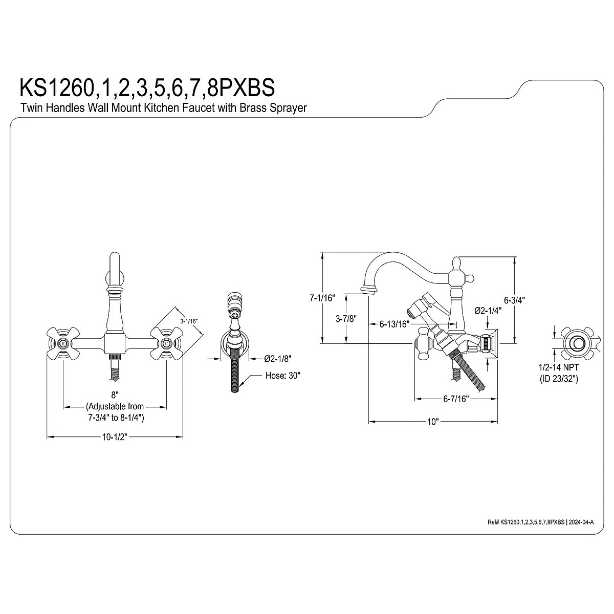 Kingston Brass KS1261PXBS Heritage Wall Mount Bridge Kitchen Faucet with Brass Sprayer, Brushed Nickel