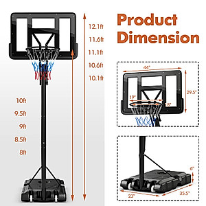 Giantex Portable Basketball Hoop Outdoor - 8-10Ft Height Adjustable Basketball Stand System for Youth Adult Kids with 44" Backboard, 2 Wheels, Fillable Base, Indoor Outdoor Basketball Goal