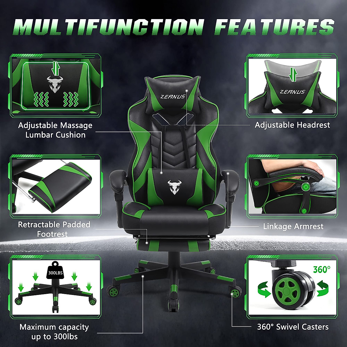 Green Gaming Chair, High Back Gamer Chair with Footrest, Recliner Computer Chair with Massage, Big and Tall Desk Chair for Gaming, Ergonomics Video Game Chair for Adults, Racing Gaming Chair for Teens