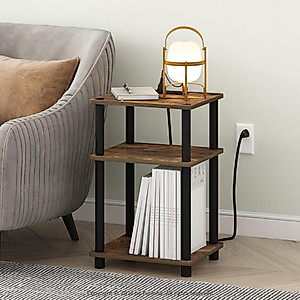 Furinno Just 3-Tier Turn-N-Tube Open Storage Side Table, End Table with USB and Type-C Charging Station, Amber Pine/Black