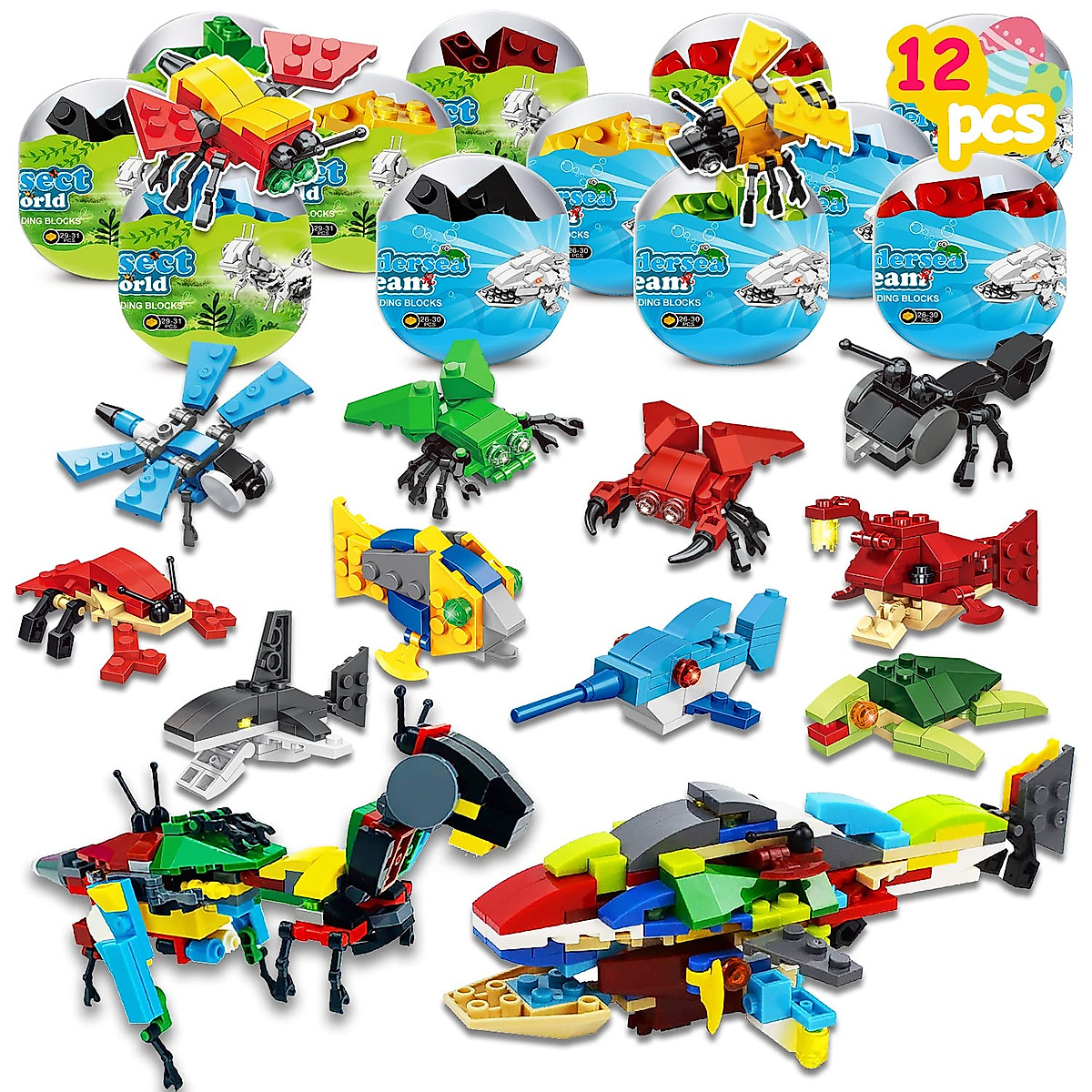 Party Favors for Kids 4-8 8-12 Mini Building Blocks Toys with 12pcs Insect & Sea Animals Goodie Bags Stuffers Pinata Classroom Prize Box Fillers Birthday Party Supplies for Boys Girls