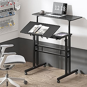 soges Mobile Laptop Sit-Stand Desk, Height Adjustable Standing Tiltable Top Desk, 31.5 inch Stand Up Computer Desk for Home Office, Small Rolling Desk for Small Space, Black ZS-101-2BK