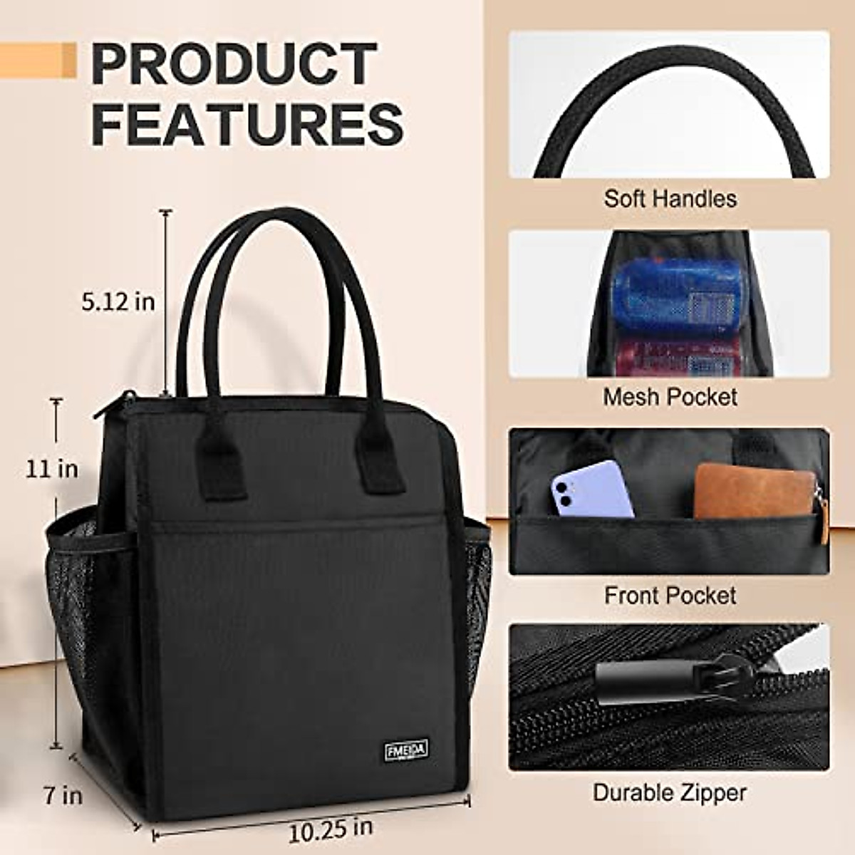 Fmeida Lunch Tote Bag, Insulated Lunch Bag Women, Leakproof Womens Lunch Bag, Thermal Adult Lunchbag with Large Side Pockets, Reusable Black Lunch Bag for Office Work Travel Picnic