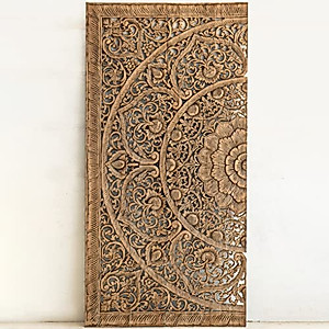 Rectangular King Size Bed Headboard, Wall Mounted Hanging Wooden Panels, Hand Carved Teak Wood Furniture, Rustic Brown color, 76x38 inches