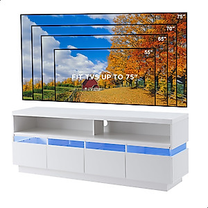 T4TREAM LED TV Stand for 75 Inch TV, Modern Gaming Entertainment Center with LED Lights, Media Storage Console Table with Large Sliding Drawers & Side Cabinets for Living Room, Solid White, 66 Inch