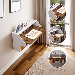 Pmnianhua Floating Desk with Adjustable Drawing Tabletop,Wall Mounted Desk with Angles Adjustable Drafting Table,Multifunctional Workstation for Bedroom Dormitory Small Space(Rustic Brown)