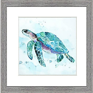 Seahorse & Sea Turtle 12"x12" Coastal Nautical Wallart Picture Frame Print Painting | Set of 2 | Wall Art Ocean Beach Theme | Plexiglass | Matted Cavas Art Print | Bathroom Living Room Decoration