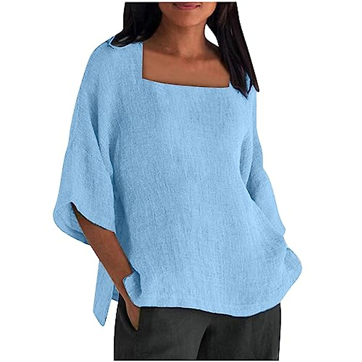 ysgfhgjw orders placed by me Square Neck Tops For Women Bell 3/4 Sleeve Side Split Solid Color Blouses Cotton Linen Casual Dressy Work Out Tunics Light Blue 2X