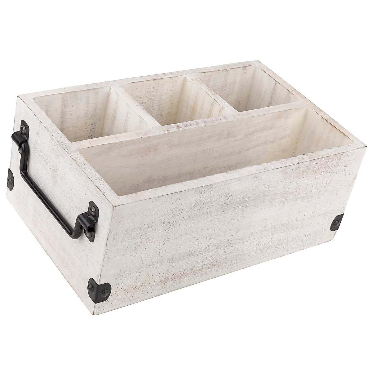 GoCraft 4 Compartment Flatware Caddy, Cutlery Holder, Silverware Condiment Organizer with Napkin Holder for Kitchen, Dining, Picnics, White Washed Mango Wood Caddy with Metal Handles