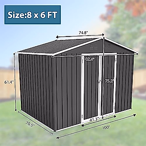 Zevemomo 8 x 6 ft Outdoor Storage Shed, All Weather Tool Shed with Metal Foundation & 2 Lockable Doors, Metal Shed Outdoor Storage for Garden, Patio, Backyard, Lawn, Grey