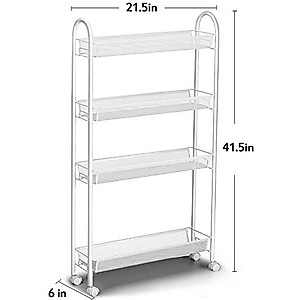 Rackaphile 4-Tier Slim Slide Out Storage Tower Rack Mesh Rolling Organization Serving Cart Shelf for Narrow Spaces Roller, White (4-Tier)