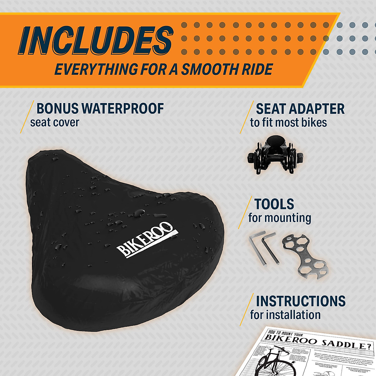 Bikeroo Bike Seat for Men & Women - Soft Padded 9.5" Extra Wide Bicycle Seat Replacement for MTB Mountain, Schwinn, BMX, Peloton, Stationary Exercise Bike - Memory Foam Bike Saddle