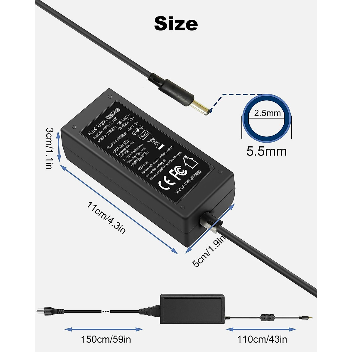 DC 12 Volt 5 Amp Power Supply 60W AC Adapter 100-240V 50-60Hz AC to DC 12V 5A Power Adapter Transformer with 5.5mm x 2.5mm DC Outlet Plug for LED Strip Light CCTV Camera 3D Printer...