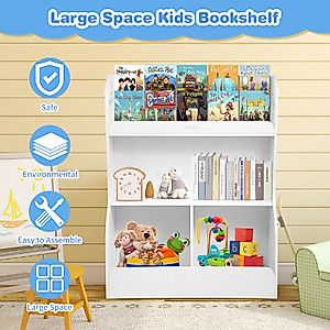 Asweets 2 in 1 Kids Bookshelf & Montessori Toy Storage Cubby, 3 Tiers Children Wooden Bookcase, Fit for Kids Room, Playroom, Kindergarten, Nursery, 31.5''L x 14.6''W x 39.4''H (White)