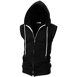 Ohoo Mens Slim Fit Sleeveless Lightweight Zip-up Hooded Vest 2 Way Zipper Hoodie Sweatshirt / DCF011-BLACK-L