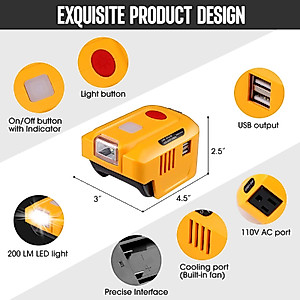 BTRUI for Dewat 150W Watt Powered Inverter Generator for Dewat Battery 20v DC to 110v AC Output, Portable Power Source USB Charger Adapter, with Dual USB & LED Light