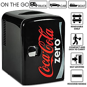 Coca cola Coke Zero 4L Cooler/Warmer w/ 12V DC and 110V AC Cords, 6 Can Portable Mini Fridge, Personal Travel Refrigerator for Snacks Lunch Drinks Cosmetics, Desk Home Office Dorm, Black