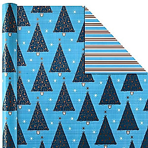 Hallmark Reversible Christmas Wrapping Paper Bundle, Elegant Blue and Gold (4 Rolls: 150 sq. ft. ttl.) Dark Blue, Gold, Teal Snowflakes, Peace, Stripes, Geometric