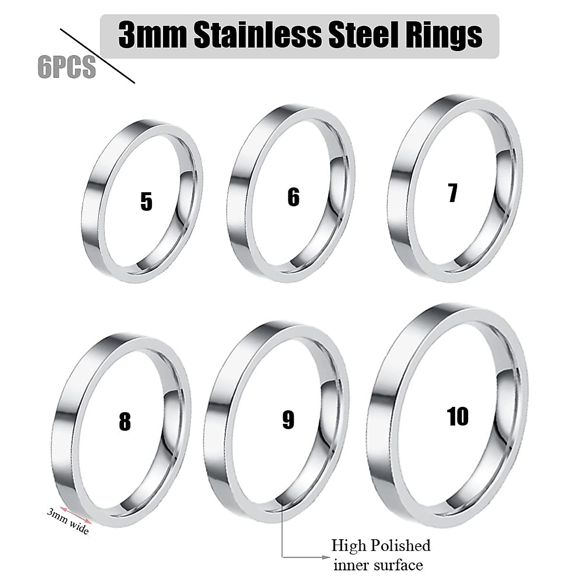 LuckyAmor 3pcs Style Stainless Steel Rings for Women Stacking Stackable Silver Band Thumb Pointer Finger Plain Ring Comfort Fit Size 5 6 7 8 9 10