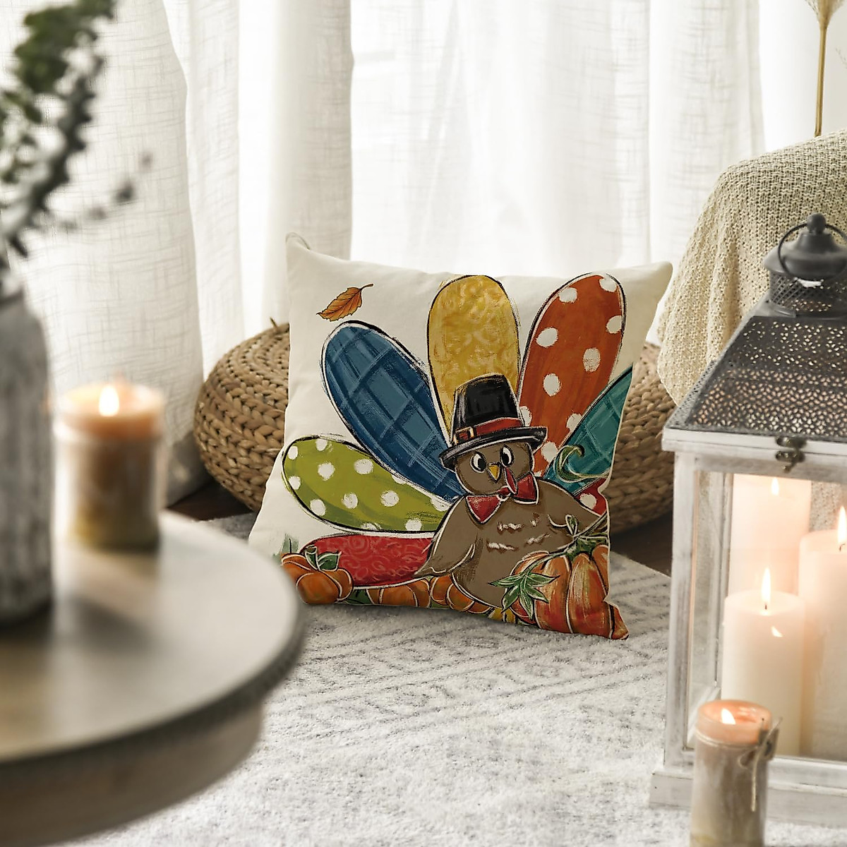 AVOIN colorlife Thanksgiving Turkey Pumpkin Throw Pillow Cover, 18 x 18 Inch Thanksgiving Fall Cushion Case for Sofa Couch