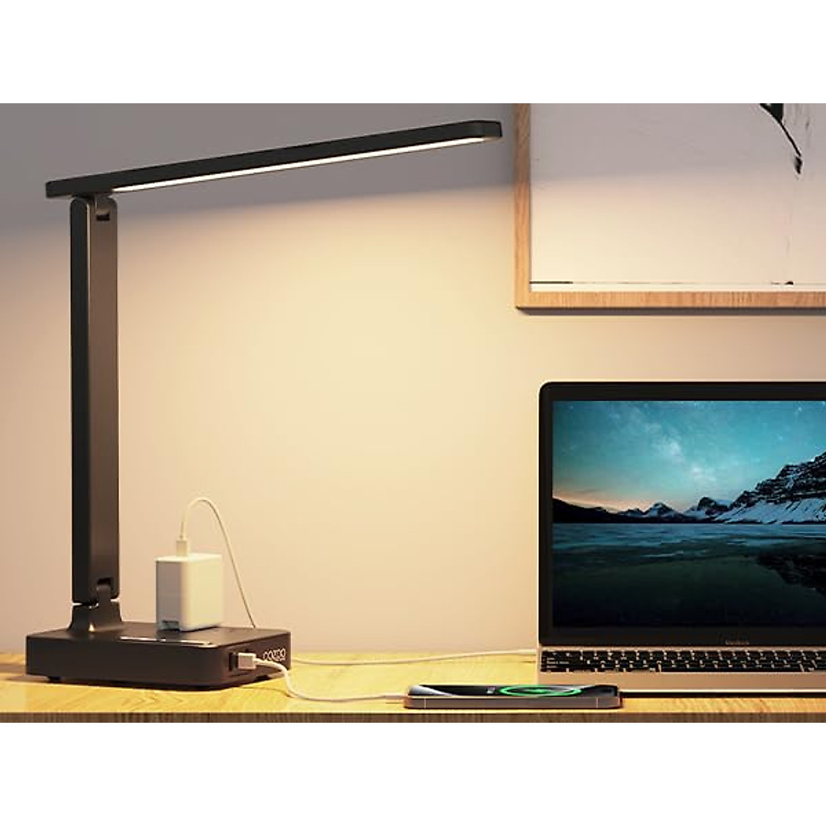 Wood LED Desk Lamp with 3 USB Charging Ports and 2 AC Outlets,3 Color Temperatures & 3 Brightness Levels, Touch/Memory/Timer Function,10W Eye Protection Foldable Reading Light,Office Table Lamp Wood