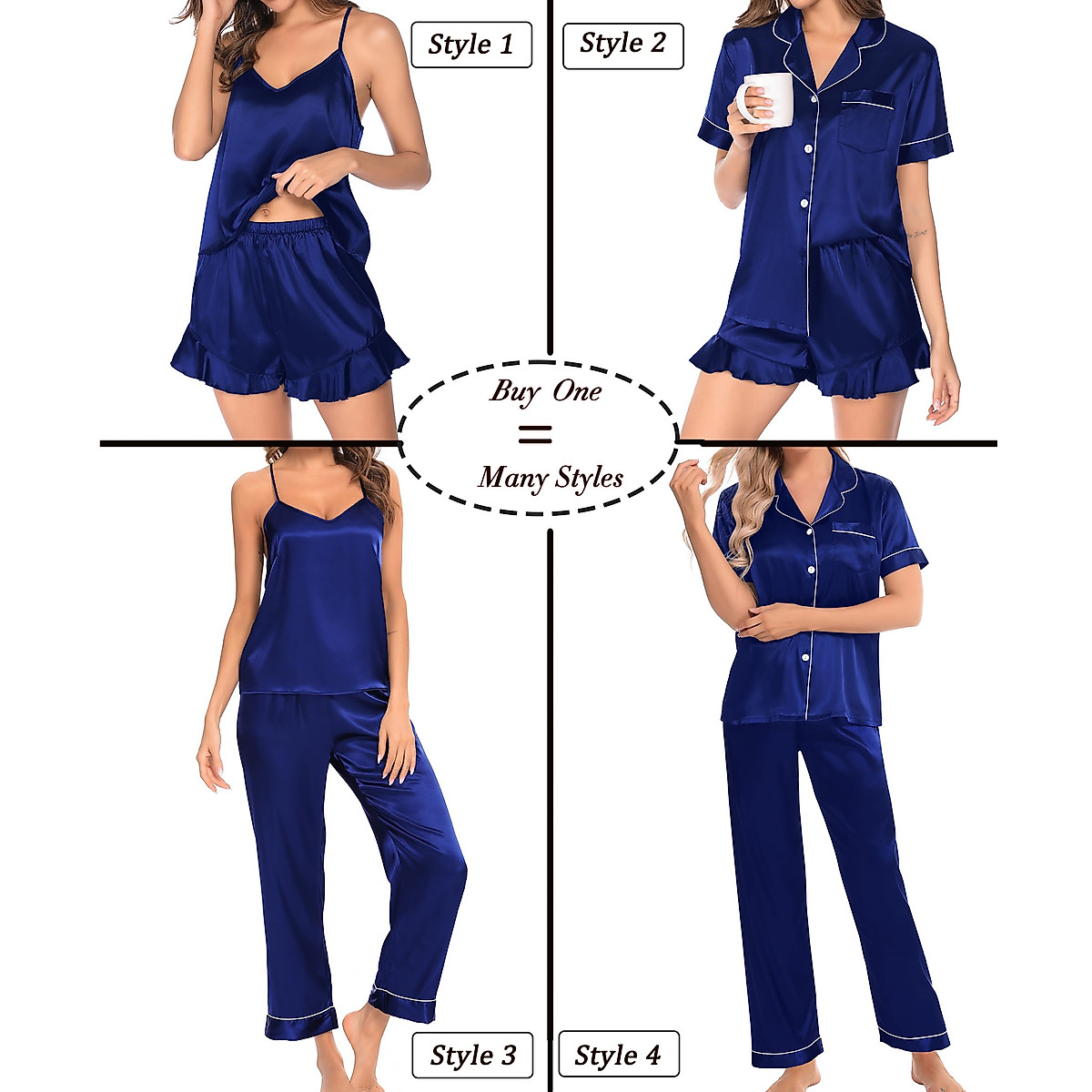 SWOMOG Womens 4 Piece Pajamas Silk Button Down Tops Satin Cami Tank Top Ruffle Shorts Lounge Sets Summer Pjs Soft Sleepwear