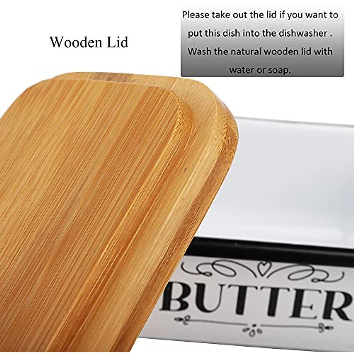 Yesland Butter Dish with Wooden Lid - Unbreakable Enamel Butter Container - Large Vintage Farmhouse Style Butter Keeper for 2 Sticks of Butter East or 1 West Coast Butter(White and Brown)