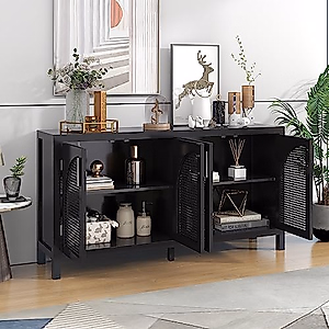 Accent Storage Cabinet Buffet Cabinet Freestanding Storage Sideboard with Artificial Rattan Doors & Metal Handles, Entryway Cabinet for Living Room Office Bedroom, Kitchen (Black)