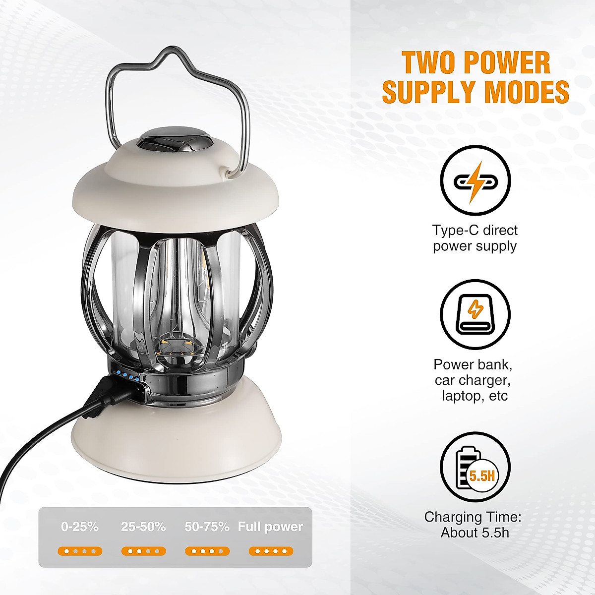 EverBrite Camping Lantern Rechargeable, Retro Metal Camping Light, 4400mAh Battery Powered Hanging Vintage Camping Lamp, 3 Light Modes, Outdoor Tent Light, Emergency Lantern for Power Outage - White