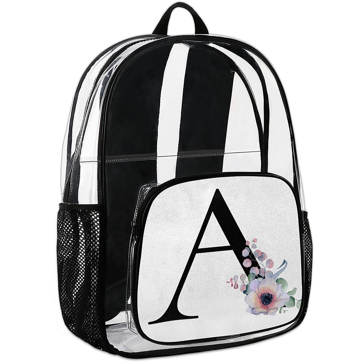 Heavy Duty Clear Backpack Stadium Approved, Alphabet Monogram Floral M Letter PVC Transparent Backpack See Through Large Bookbag for Work School Travel College