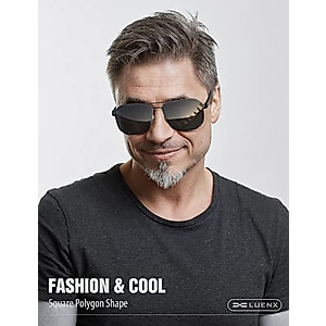LUENX Aviator Sunglasses for Men Square Polarized Polygon Black Lens Matte Black Frame - UV 400 Protection with Accessories