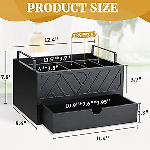 Paper Plate Dispenser with Drawer, Paper Plate Holder for Kitchen Counter, Wood Rustic Silverware Utensil Caddy, Cutlery Flatware Organizer for Cup Spoon Fork Plates Napkins, Black Kitchen Accessories