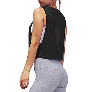 Mippo Cropped Workout Tops for Women Crop Top Workout Shirts Muscle Shirts Mesh Tank Athletic Clothes Active Wear Black M