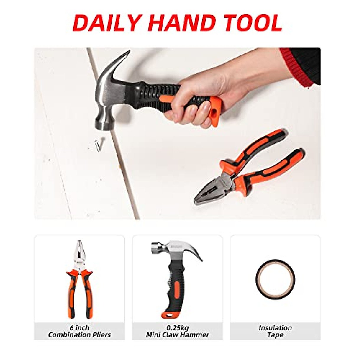 DIFFLIFE Tool Sets Household Tool Kit, 14-Piece General Home/Auto Repair Tool Set with Hammer, Pliers, Screwdriver Set and Toolbox Storage Case - Perfect for Homeowner, Diyer, Handyman (14-Piece)…