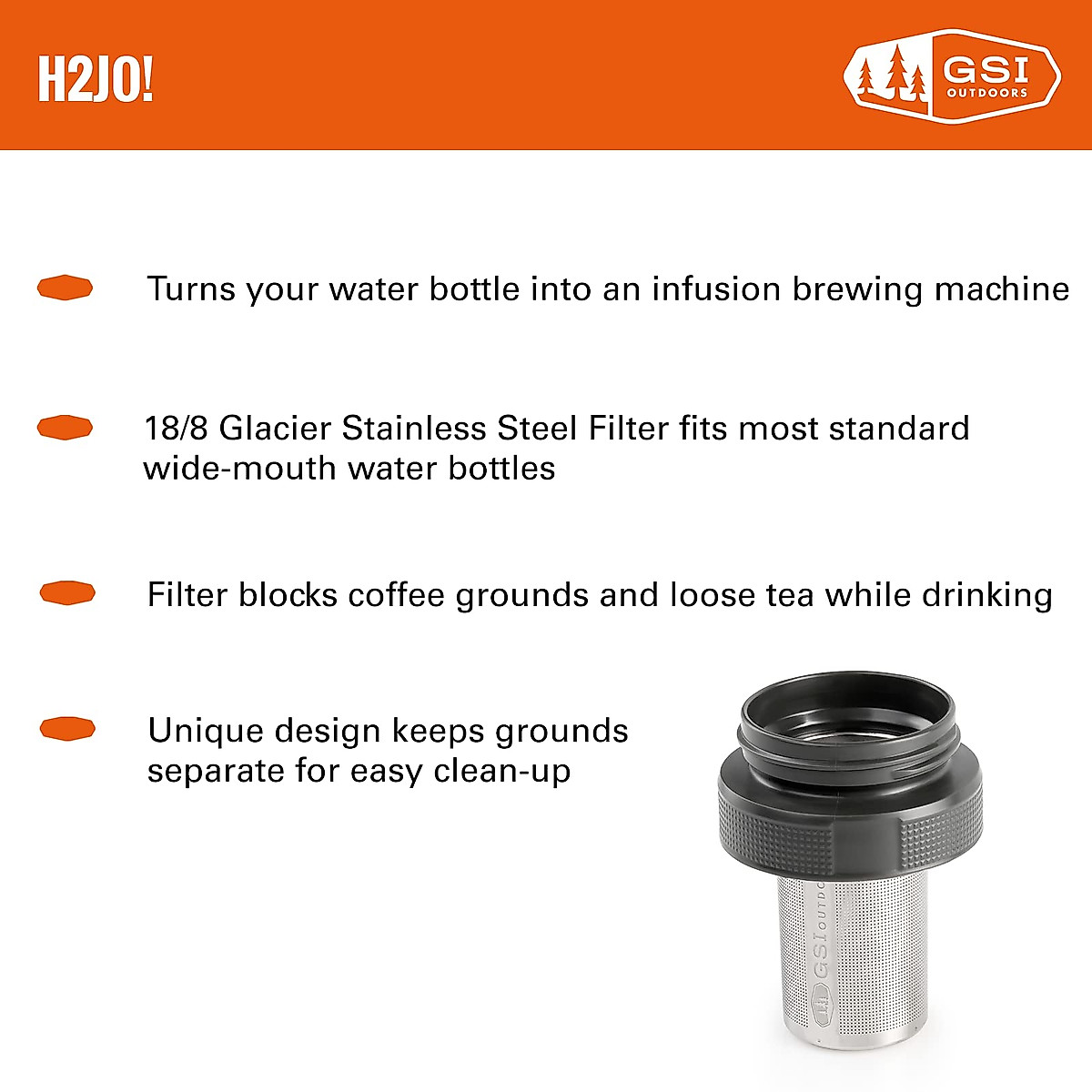 GSI Outdoors H2JO Stainless Steel Brew & Steeping Filter I Wide-Mouth Bottle Twist-On Travel Filter for Brewing Coffee & Tea