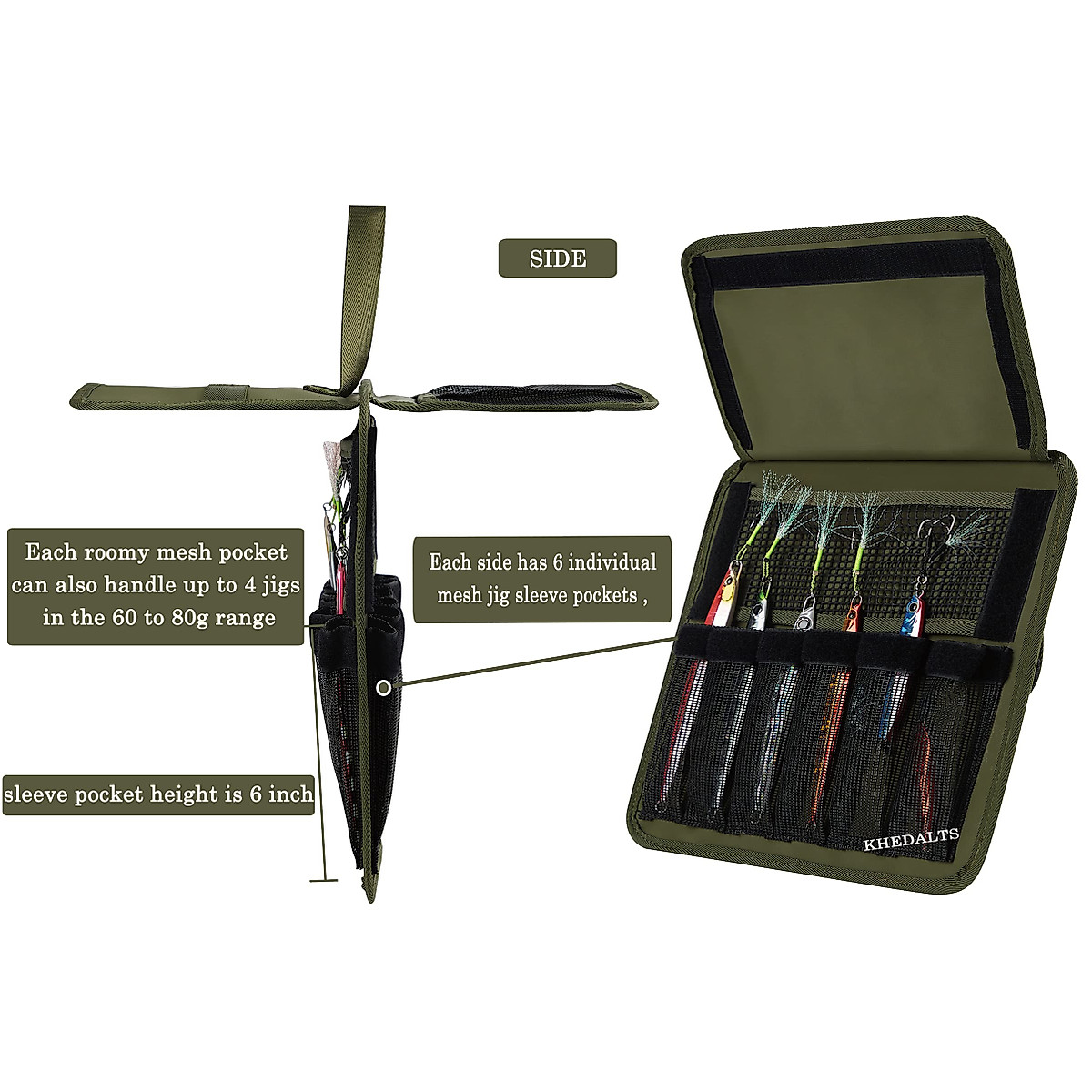 KHEDALTS Fishing Jig Bag Large Lures Bags Saltwater & Freshwater,Slow Pitch Jigs Storage Bag Suitable For Max 10inch Jigs,Heavy Duty Offshore Fishing Jigs Lead Bag For Men Gifts Waterproof Army Green