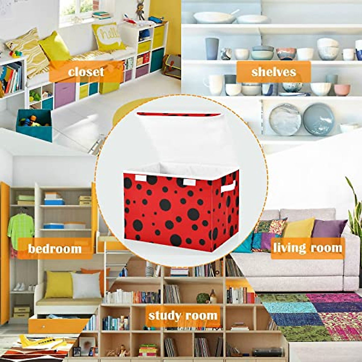 CaTaKu Ladybird Black Spots Storage Bins with Lids and Handles, Fabric Large Storage Container Cube Basket with Lid Decorative Storage Boxes for Organizing Clothes