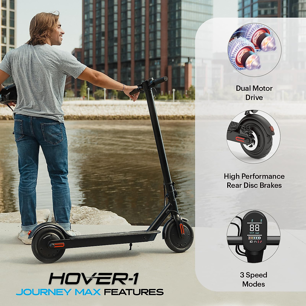 Hover-1 Journey Max Adult Electric Scooter with 700W Brushless Dual Motor Hill Climber, 19 mph Max Speed, and 26 Mile Range