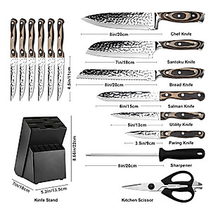 Knife Sets for Kitchen,15-piece Hammered Desgin Knife Set with Block and Sharpener, High Carbon Stainless Steel Chef Knives with Grey Triple Rivet Handle, Ultra Sharp and Dishwash Safe