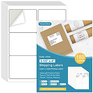MaxGear 3-1/3x4 Shipping Address Labels,for Inkjet or Laser Printer, 6 Up Sticker Labels Paper, Matte White Paper Sheets, Strong Adhesive, Dries Quickly, Holds Ink Well, 180 Lables