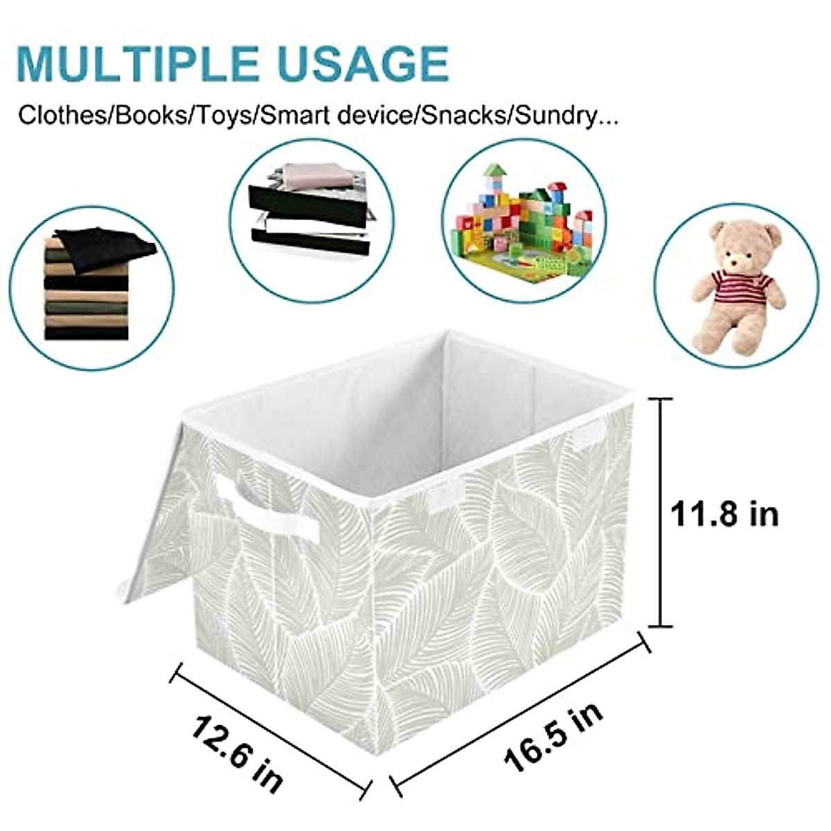 CaTaKu Abstract Grey Leaves Storage Bins with Lids and Handles, Fabric Large Storage Container Cube Basket with Lid Decorative Storage Boxes for Organizing Clothes