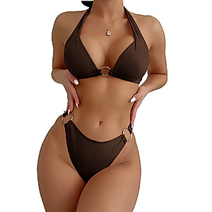 SweatyRocks Women's Ring Linked Halter Push Up Bikini Swimsuit High Stretch Bathing Suit Swimwear Set Swimming Suit Two Piece Dark Brown M