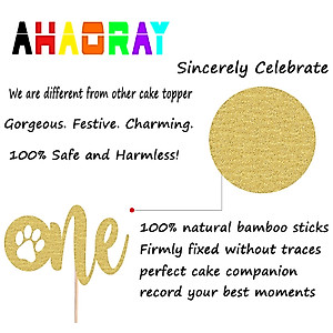 AHAORAY Paw Print One Cake Topper - Gold Glitter Pet Dog First Birthday Cake Decorations Supplies - Pet Puppy Theme Party Cake Decor, for Pet Birthday Party, Baby Shower Favors or Photo Booth Props