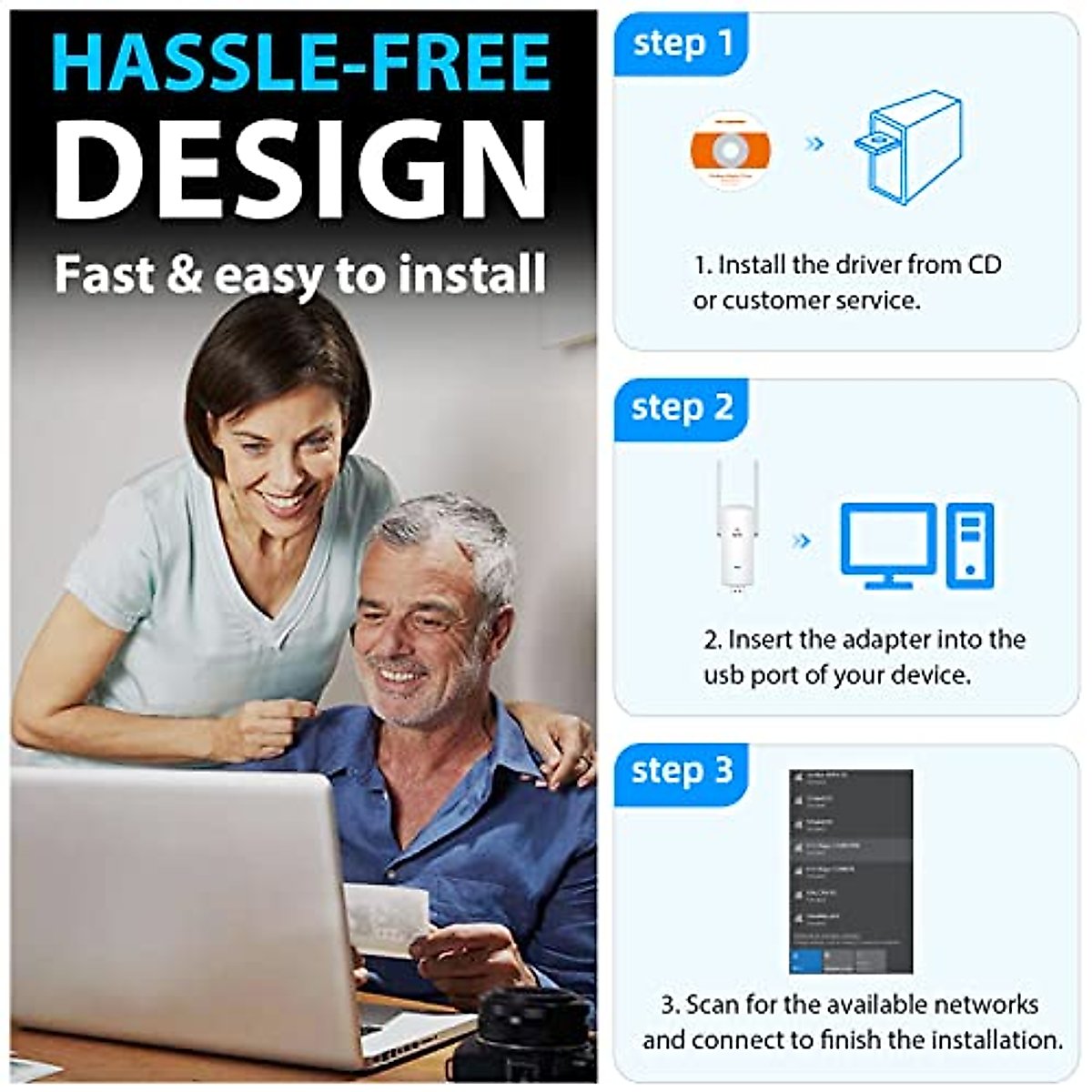 USB WiFi Adapter 1300Mbps USB 3.0 WiFi Dongle Dual Band WiFi Wireless Network Adapter for Desktop Laptop PC, Supports Windows 11/10/8.1/8/7, Mac OS 10.9-10.15, Dual 5dBi High Gain Antennas