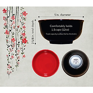 Calvin & Co Set of 4 Melamine Miso Soup Cereal Bowls and Spoons 5 inches (Small, Red & Black) 11 fluid ounces